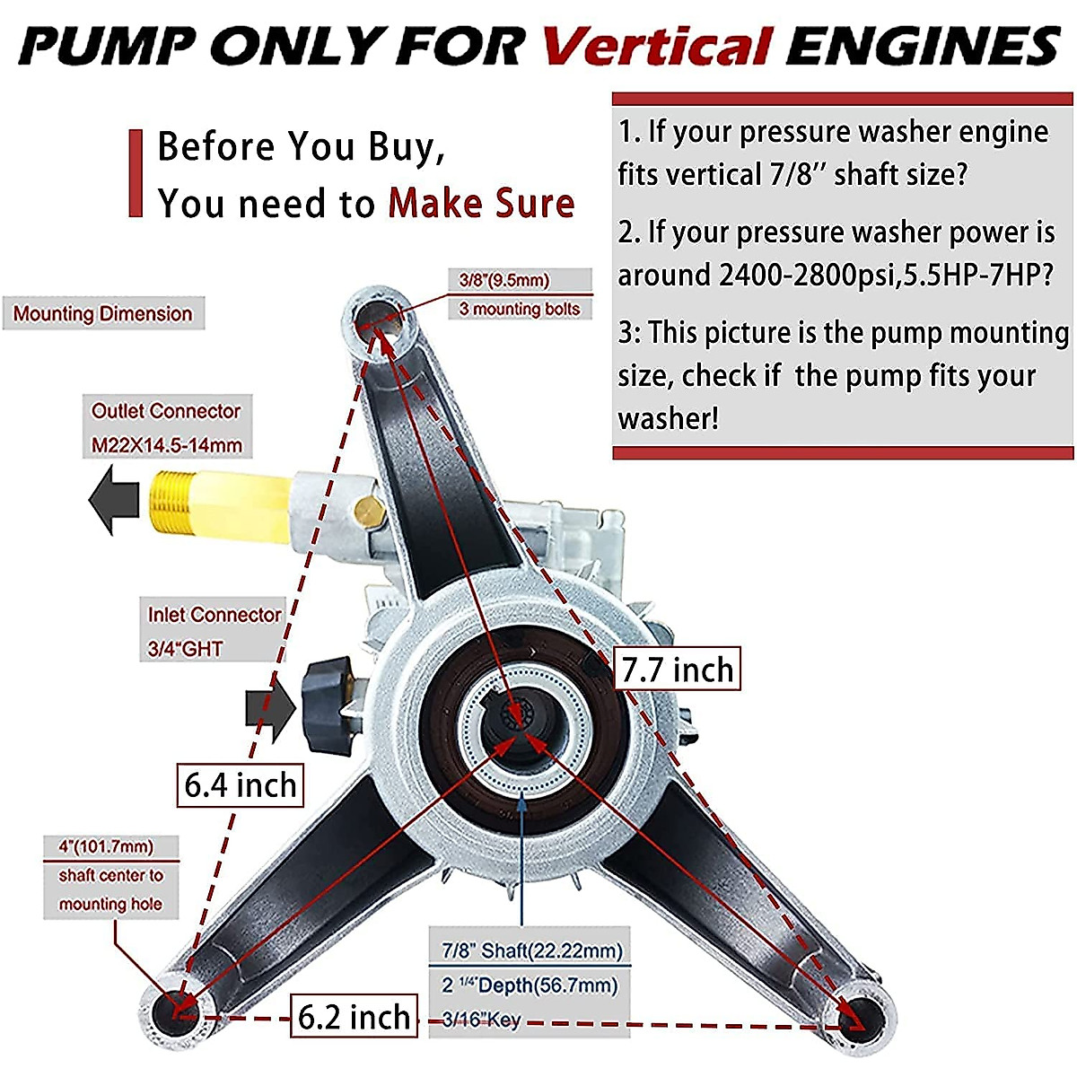 Pressure Washer Pump Replacement, 7/8'' Shaft Vertical Power Washer Pumps, 2400-2800PSI Pumps Replacement for Pump Pressure Power Washer