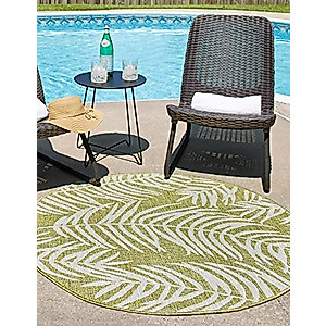 Unique Loom Outdoor Botanical Collection Floral, Coastal, Bohemian, Leaves, Indoor and Outdoor Area Rug (4' 0 x 4' 0 Round, Green/Ivory)
