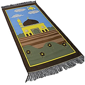 Modefa Turkish Islamic Prayer Rug - Thin Praying Carpet for Boys and Girls - Small Child Size Muslim Prayer Mat for Young Kids - Ramadan or Eid Gift - Floral Masjid & Kaba (Floral Masjid - Brown/Blue)