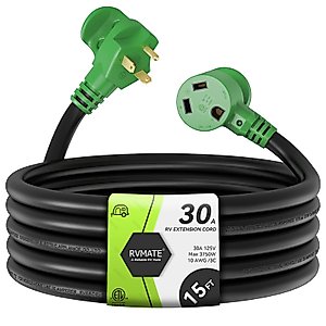 RVMATE 30 Amp 15 Feet RV Power Extension Cord with Easy Plug-in Handle, TT-30P to TT-30R, LED Indicator, 10 AWG, ETL Listed