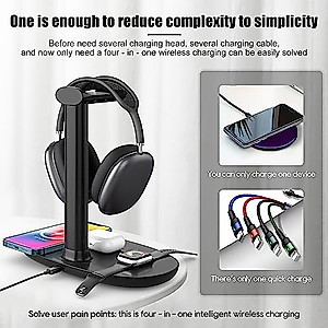 Headphone Stand with 15w Wireless Charger, 4 in 1 Qi Charging Station Headset Holder for iPhone 14/13/12/11/XS/XR/X AirPods Max/Pro/2/3 iWatch 8/7/6/5/4/3/2/1/SE