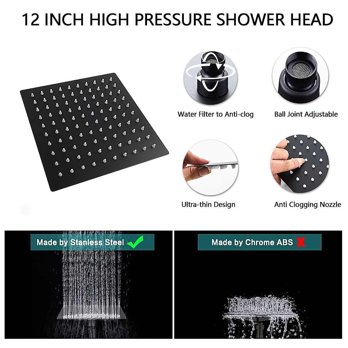 BELLEARLY All Metal 12'' Rain/Rainfall Shower Head with Handheld Spray Combo, High Pressure Square Shower Head with 13'' Extension Arm, Dual Black Shower Heads with 78'' Hose, Waterfall Showerhead