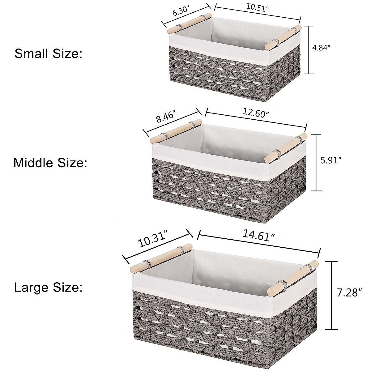 Vagusicc Woven Storage Basket, Hand-Woven Round Paper Rope Wicker Storage Basket with Cotton Liner and Wooden Handles, Wicker Baskets for Shelves Organizing & Decor, Grey, 3-Pack