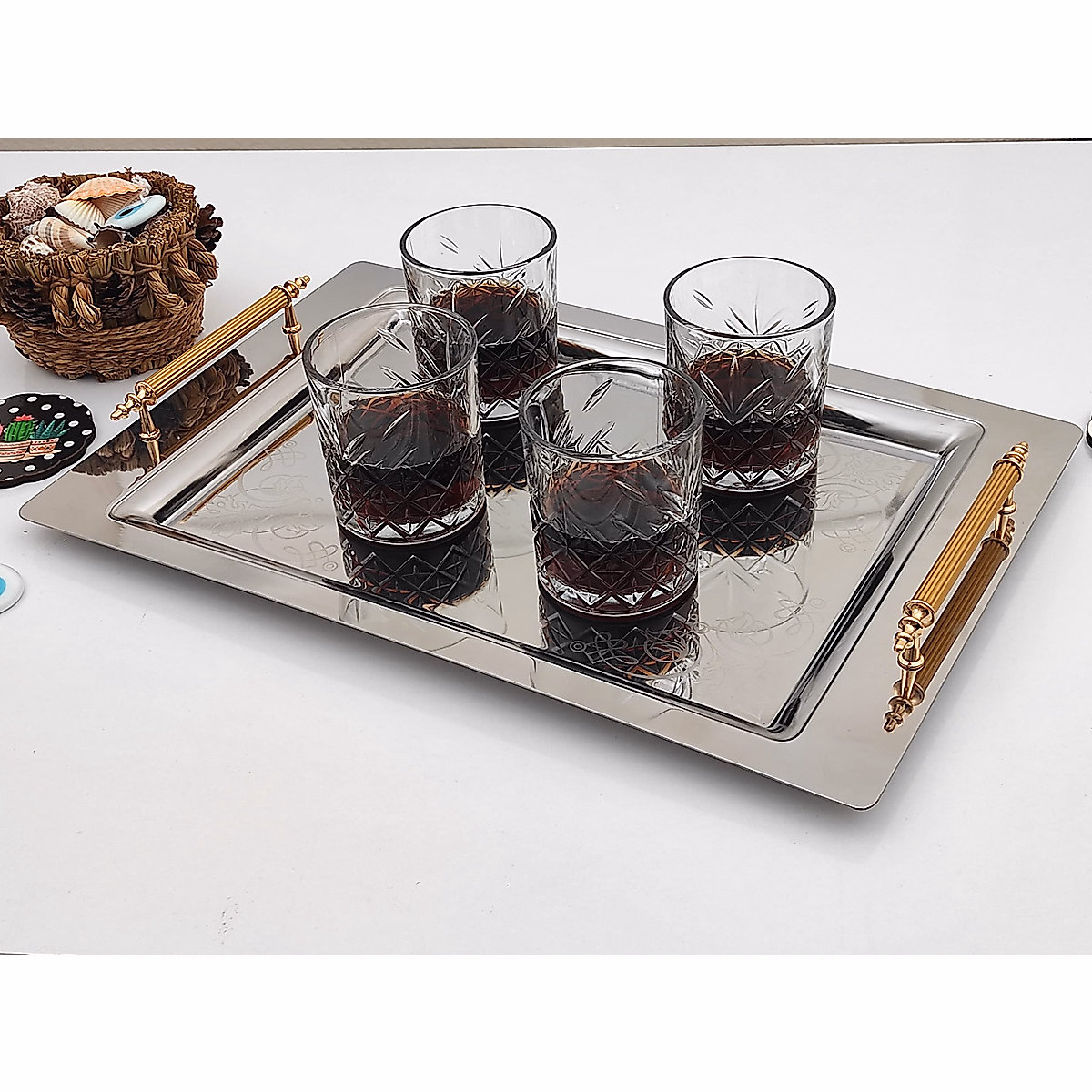 Candymosa Silver Serving Tray with Handles (18”x12”) - Stainless Steel Serving Tray for Drinks and Food - Silver Tray Decorative - Ideal as a Coffee Tray, Bar Tray, Silver Platter or Turkish Tray