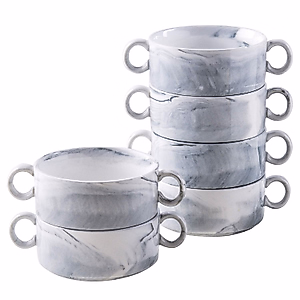 Yundu 9 Ounce Bowls with Handles,Ceramic Bowl for Soup, Souffle, Cereal, Stew, Chill, Ramekins, Set of 6, Grey Marble