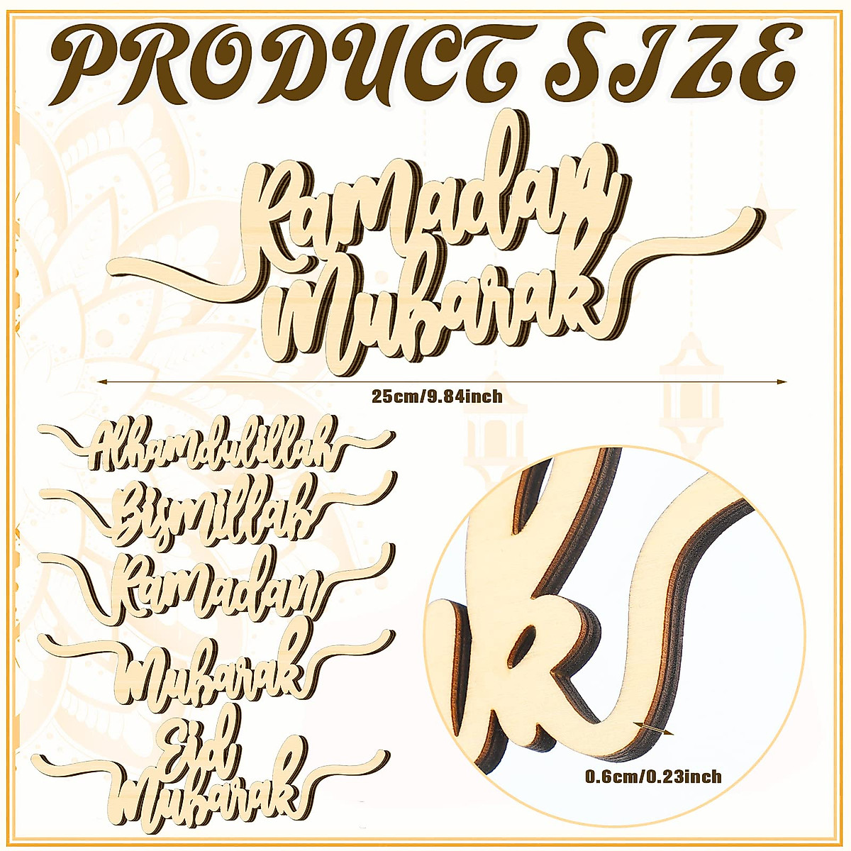 12 Pcs Ramadan Mubarak Wood Cutouts Ramadan Plate Sign Ramadan Kareem Wooden Word Cutouts Eid Mubarak Decorations for Islamic Muslim Home Table Plate Decoration (Vivid Style)