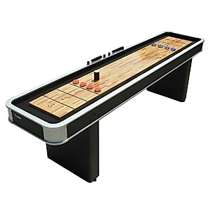 Atomic 9’ Platinum Shuffleboard Table with Poly-coated Playing Surface for Smooth, Fast Puck Action and Pedestal Legs with Levelers for Optimum Stability and Level Play