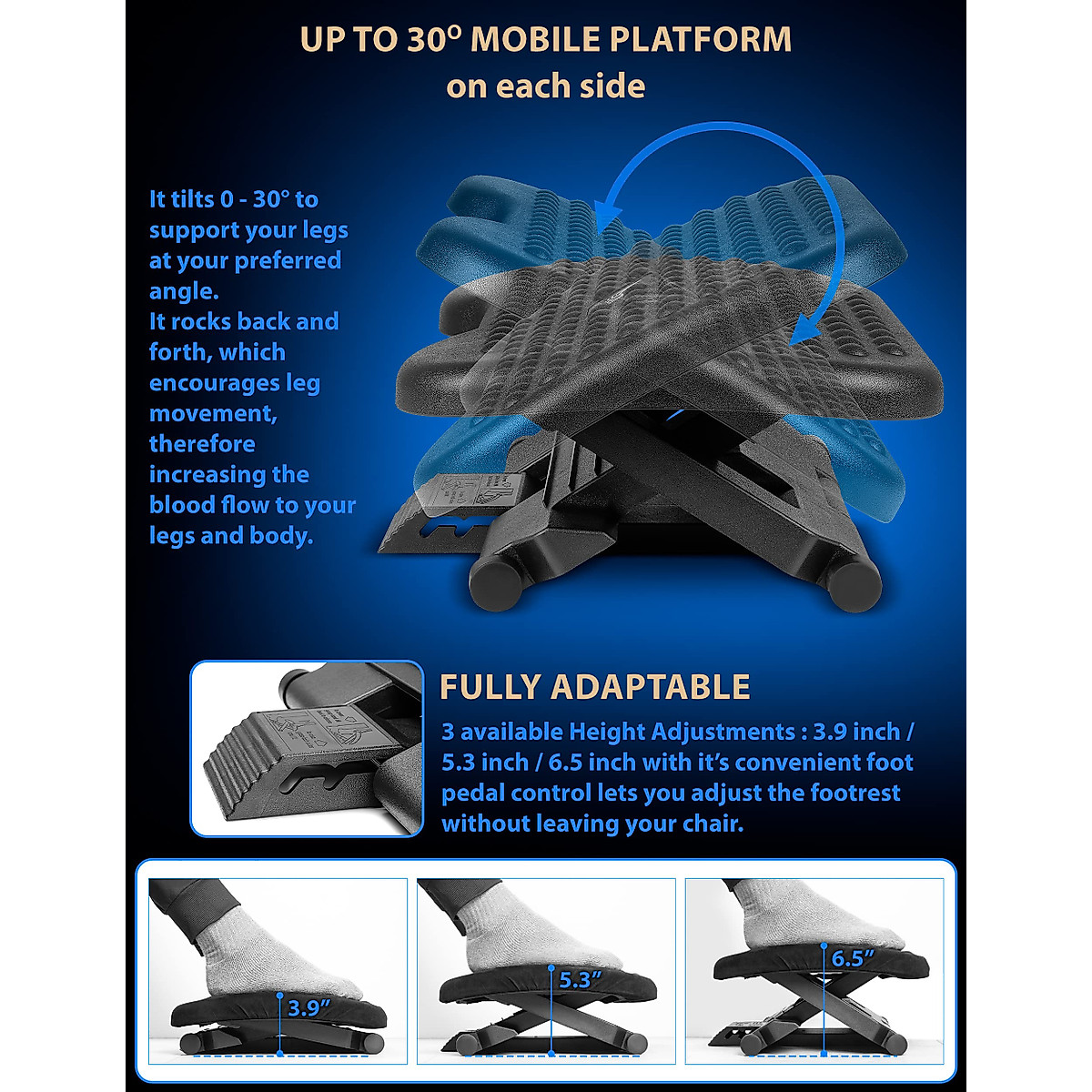 Ephyrus Adjustable Under Desk Footrest - Ergonomic Black Foot Rest with 3 Height Position - 30 Degree Tilt Angle Adjustment for Home, Office with Massage Surface for Improved Circulation and Posture