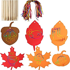 Gejoy 70 Pieces Thanksgiving Rainbow Scratch Paper Craft Kit Scratch Off Paper Fall Leaves Pumpkins Acorns Pattern Paper with Ribbons and Wooden Styluses for Harvest Party Decorations
