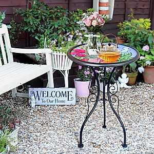 HONGLAND Outdoor Side Table Accent Round Painted Glass Desk for Garden,Patio, Dining Room 14 Inches(Butterfly)