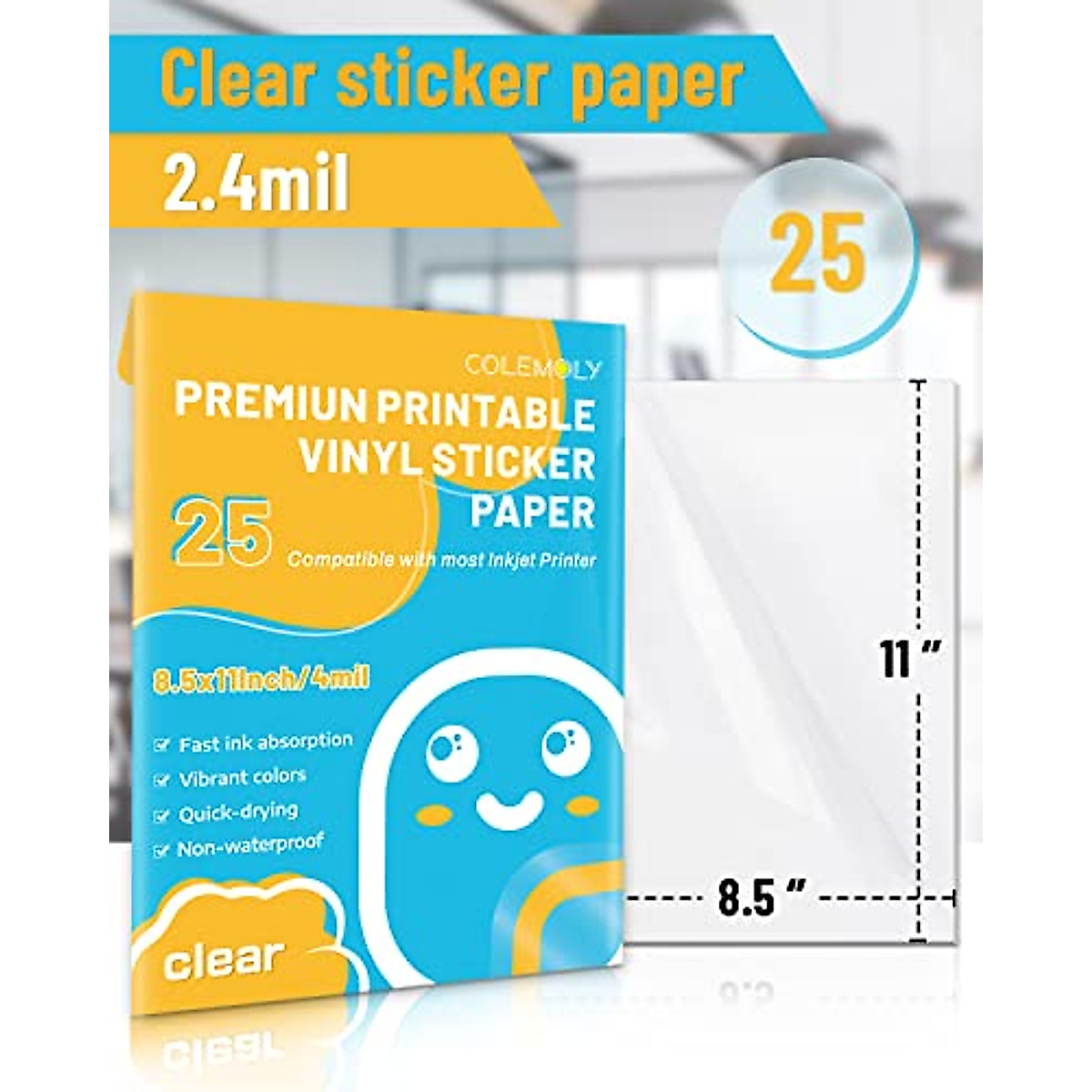 Sticker Paper Clear Printable Vinyl for Inkjet Printer-25 Transparent Dry-Quick Sheets of 8.5’’x11’’ Decals and Labels Self-Adhesive Non-Waterproof Papers Tear Resistance Bright Color for DIY