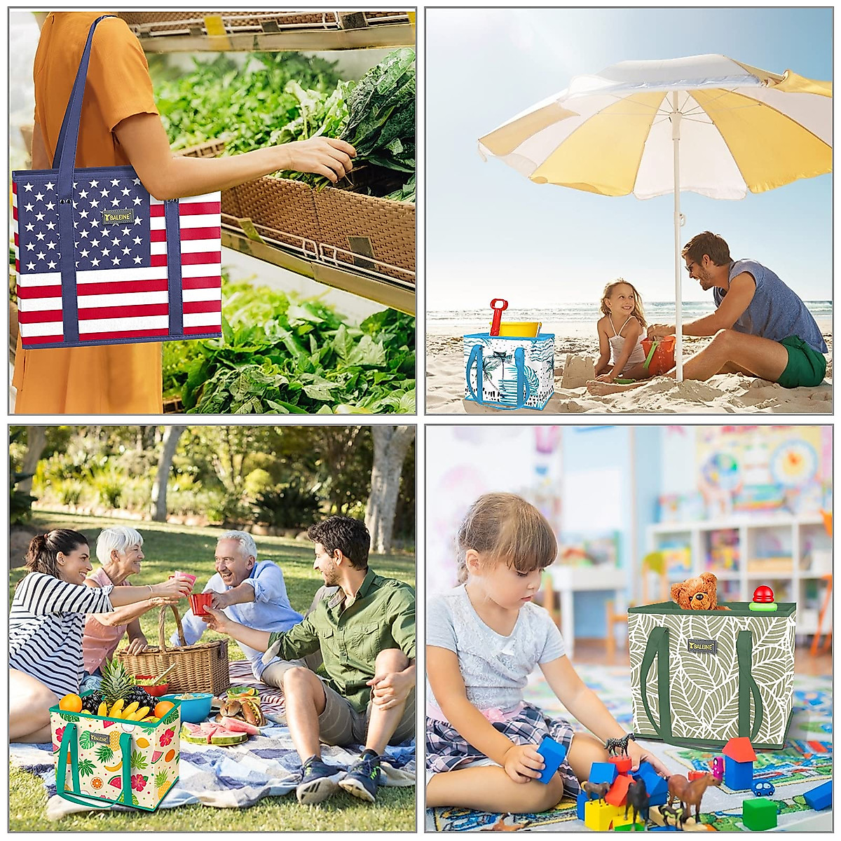 BALEINE 3Pk Reusable Grocery Bags, Foldable Shopping Bags for Groceries with Reinforced Bottom & Handles (Antique Foliage)