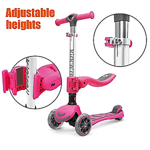 Kicknroll 3 Wheel Scooter for Kids Ages 3-5, Extra-Wide Deck Lean to Steer Foldable Toddler Scooter with Seat, 3 LED Light Wheels & 4 Adjustable Height, 110 Lbs Capacity- Pink 2 in 1 Kids Scooter