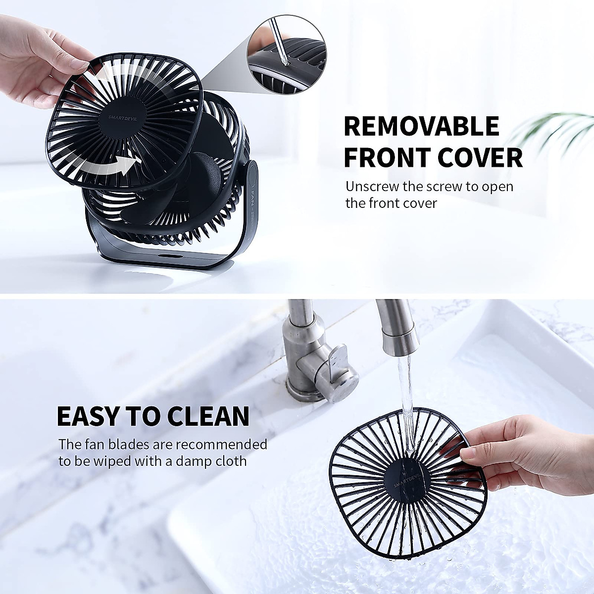 SMARTDEVIL Small Rechargeable Desk Fan, 3 Speeds 2000mAh Portable Personal Battery Operated Desktop Fan with Pasteable Hook, Dual 360° Adjustment Quiet Table Fan, for Home Office Outdoor (Black)