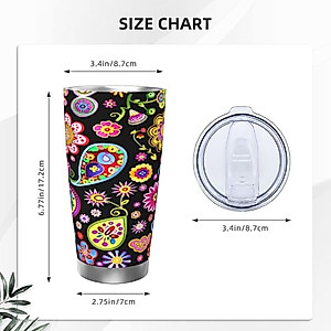 AYCZN Paisley Floral 20 OZ Tumbler Stainless Steel Travel Coffee Mug, Mandala Flower Insulated Water Bottle with Lid and Straws Leakproof Thermal Cup