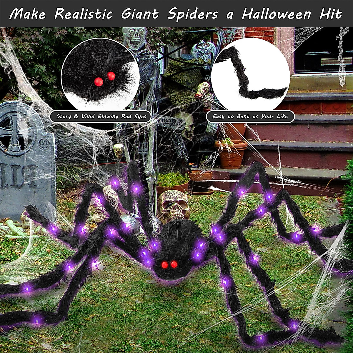 Anerbili 2Pack Halloween Decoration Spider 60 Inch Light Up Giant Big Spider for Indoor Outdoor Halloween Decoration Garden Home Haunted House Decoration