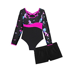 YONGHS Kids Girls Long Sleeve Ballet Dance Leotard with Workout Shorts Gymnastics Unitard Dancewear Night Pegasus 6 Years