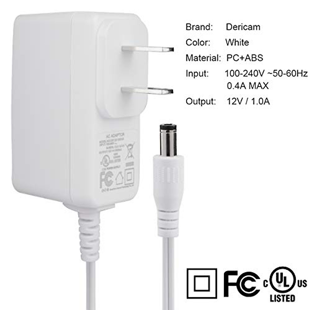 Dericam 12V 1A DC Power Supply Adapter for IP/CCTV Security Camera, 5ft/1.5 Meter AC to DC Power Cord, Wall Charger, Output DC 12V 1000mA, Input AC 100V-240V/50 or 60Hz/0.4A Max, US Plug, White