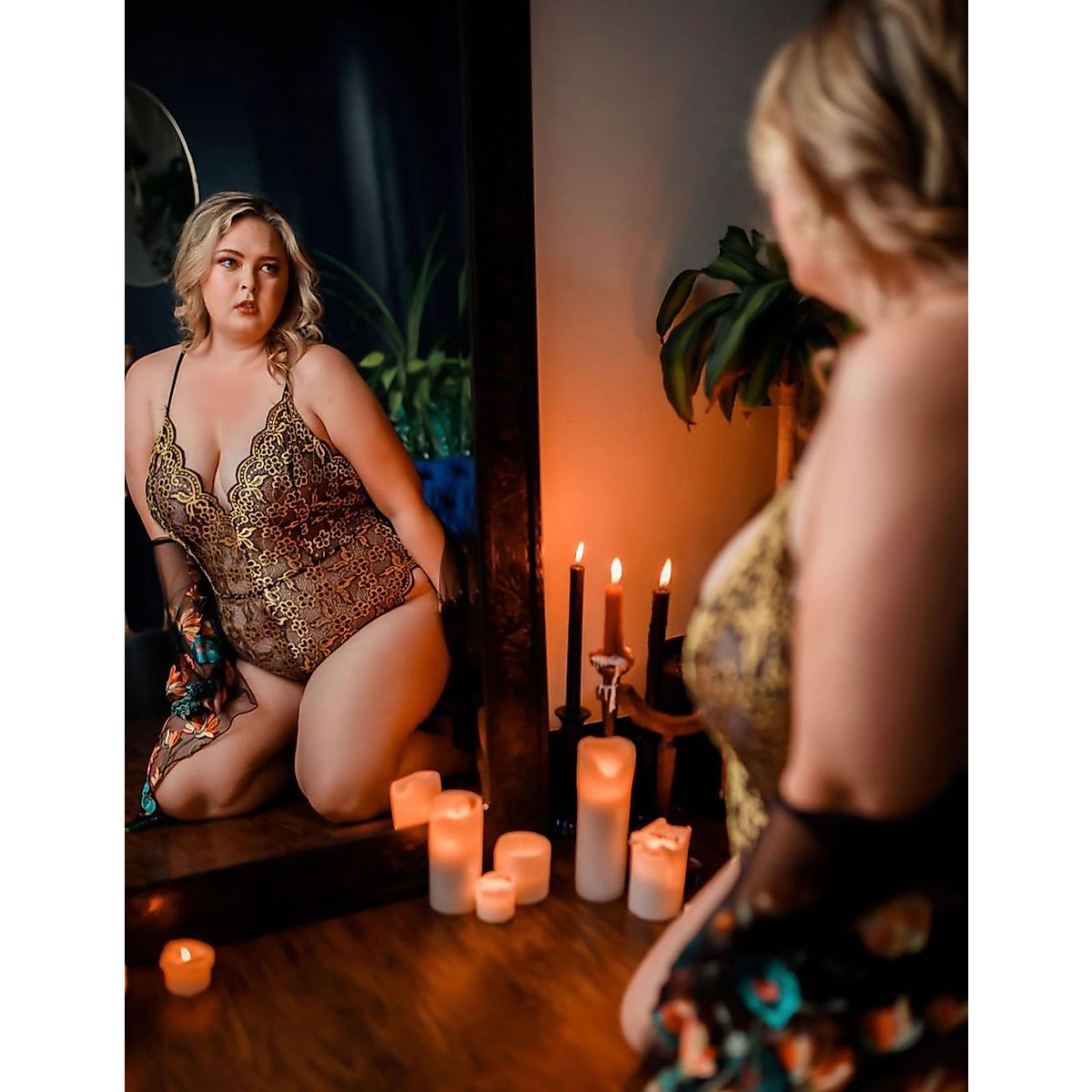 Avidlove Womens Snap Crotch Bodysuit Lingerie Lace Teddy One Piece Sleepwear (Black & Skin M)