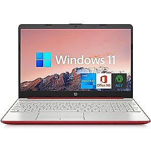 HP 15.6" Laptop with 1 Year Microsoft Office 365, Intel Pentium Quad-Core Processor, Intel UHD Graphics, Long Battery Life, RJ-45, Wi-Fi, Webcam, HDMI, Windows 11 Home, Red (16GB RAM | 1TB SSD)