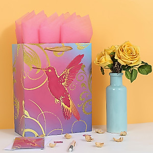 Qirrmiy 13" Large Pink Gift Bag Set with Greeting Card and Tissue Papers (A Pink Bird Design) for Celebrating Birthdays, Weddings, Anniversaries and Mother's Day-10.2”x5.2”x13”, 1 Pcs.