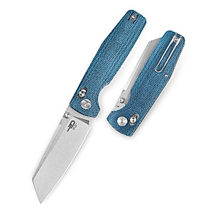 BESTECH KNIVES Pocket Folder Folding Knife: 3.5" D2 Steel Cleaver Stonewashed Blade, Micarta Scales, Thumbstud, B-Lock, EDC Steel Wire Clip (Blue)