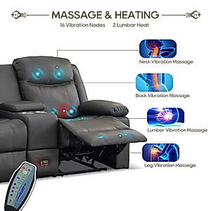 PALLOME Loveseat Recliner Sofa, PU Leather Loveseat Recliner, Manual Recliner Loveseat with Console, Double Recliner RV Sofa with Cup Holders and Side Pocket for Living Room/Office/Apartment (Grey)