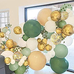 Sweet Baby Co. Sage Green Balloon Garland Arch Kit with Eucalyptus Olive, Peach, White, Gold Balloons and Greenery for Forest Safari Jungle Tropical Theme Decorations Baby Bridal Shower Birthday Party