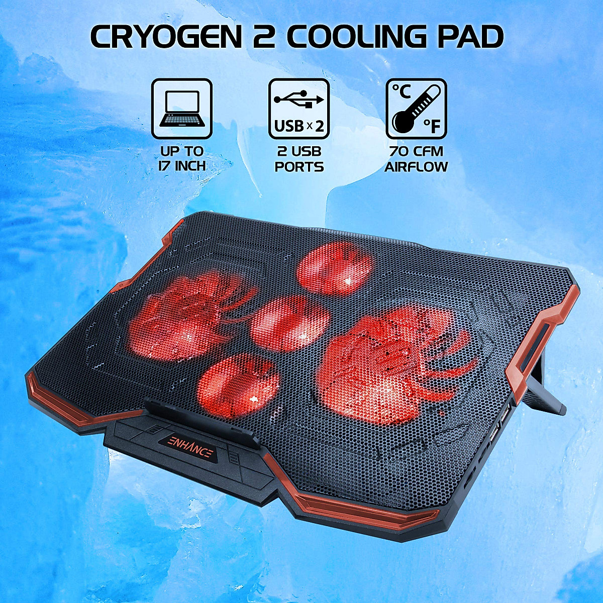 ENHANCE Cryogen Gaming Laptop Cooling Pad - Fits 17 in. Computer, PS4 - Adjustable Laptop Cooling Stand with 5 Quiet Cooler Fans, 2 USB Ports and LED Lighting - Slim Portable Design 2500 RPM (Red)