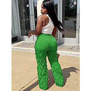 Annystore Women's Ruffle Wide Leg Long Pants Sexy Flowy Mesh Wavy High Waisted Straight Palazzo Trousers Party Clubwear Green XXL