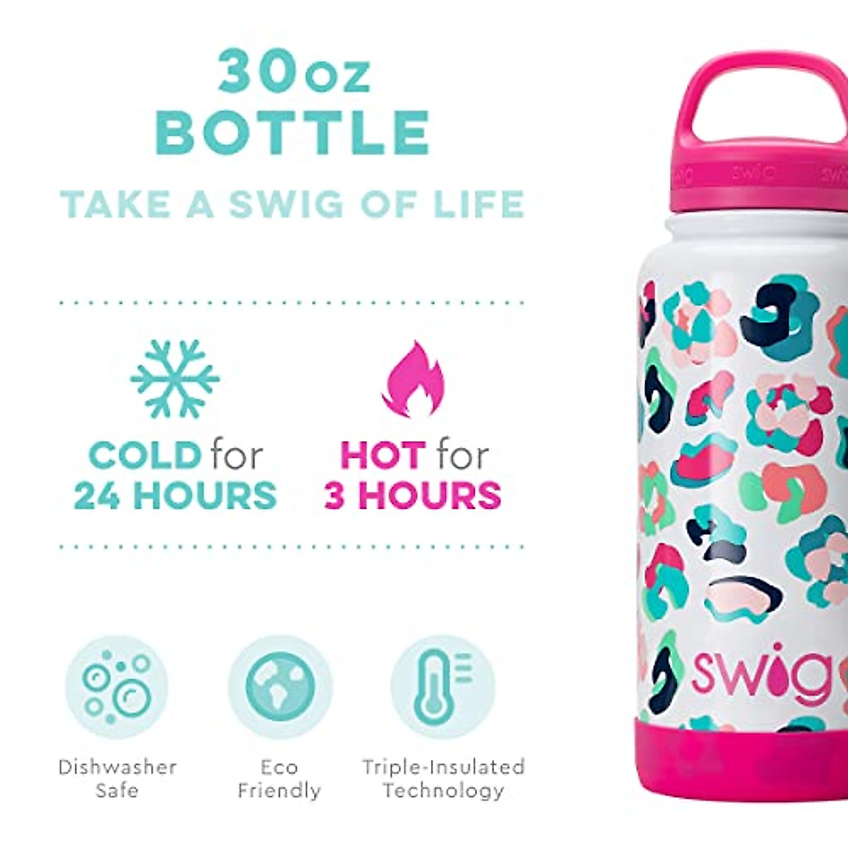 Swig Life 30oz Triple Insulated Stainless Steel Wide Mouth Water Bottle with Handle, Dishwasher Safe, Double Wall, Vacuum Sealed, Reusable Thermos Party Animal Print