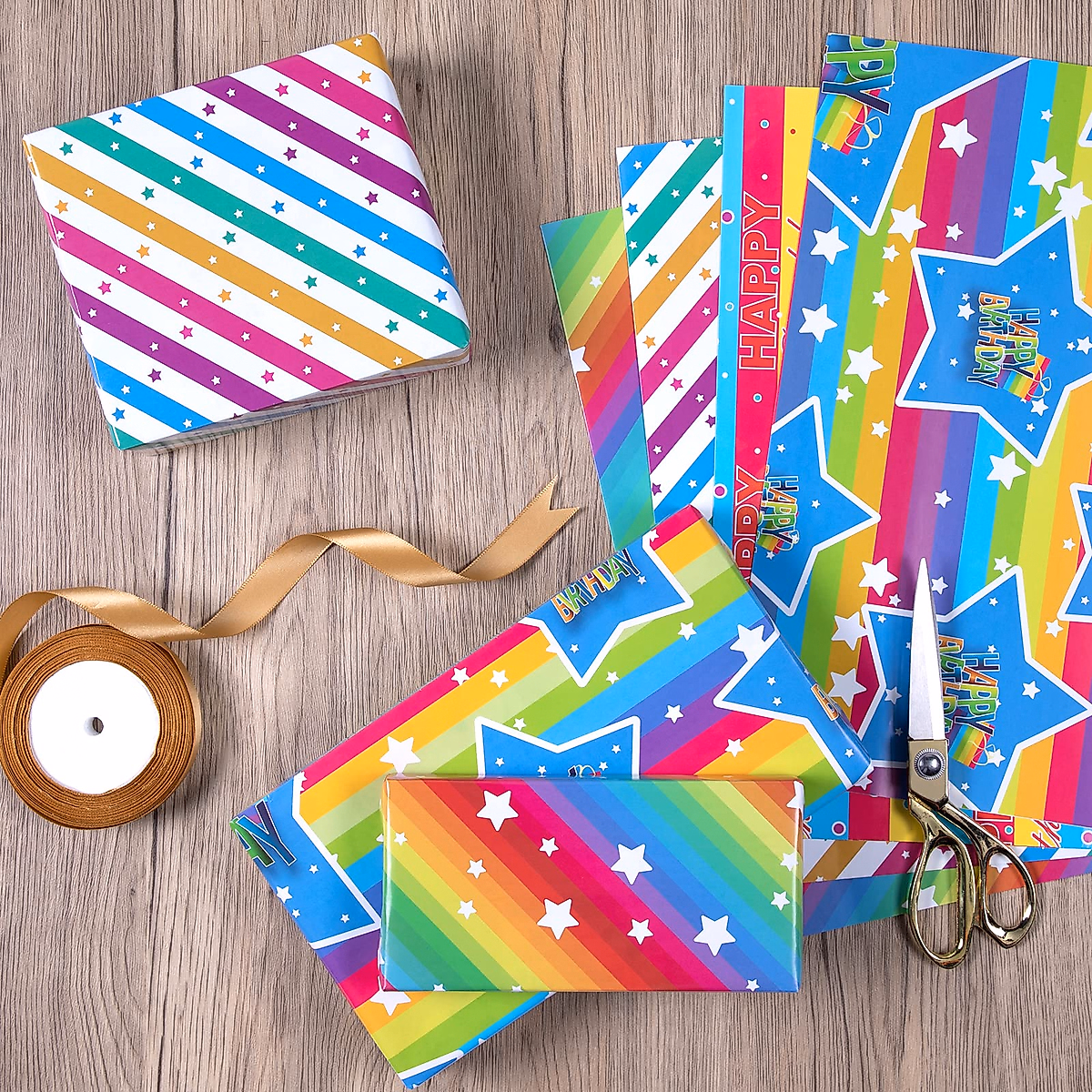 PlandRichW Rainbow Wrapping Paper Folded for Kids Boys Girls Birthday with Rainbow Star Stripe Line Happy Birthday 4 Designs for Baby Shower, Party, Precut 12 Sheets Each 20"x29"