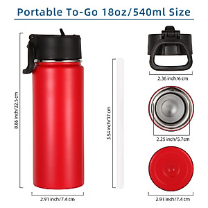 Volhoply 18oz Kids Insulated Water Bottle,Stainless Steel Water Bottles with Straw Lid,Wide Mouth Reusable Metal Thermos Water Bottle,Double Wall Vacuum Sports Travel Flask For Cold Drink(Red,1 Set)