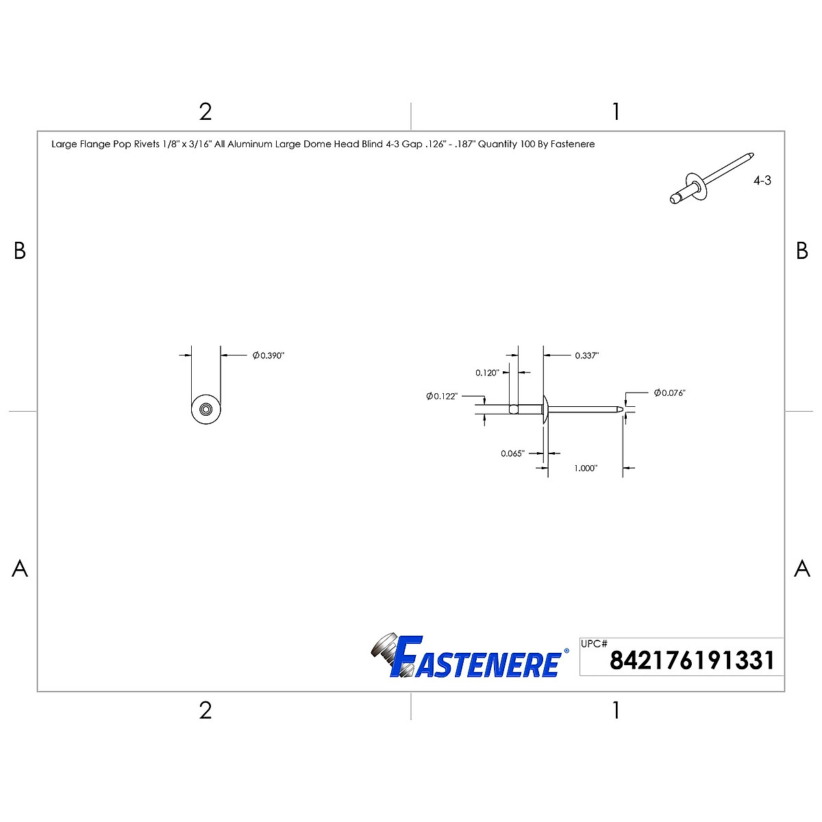 Large Flange Pop Rivets 1/8" x 3/16" All Aluminum Dome Head Blind 4-3 Gap .126" - .187" Quantity 100 by Fastenere