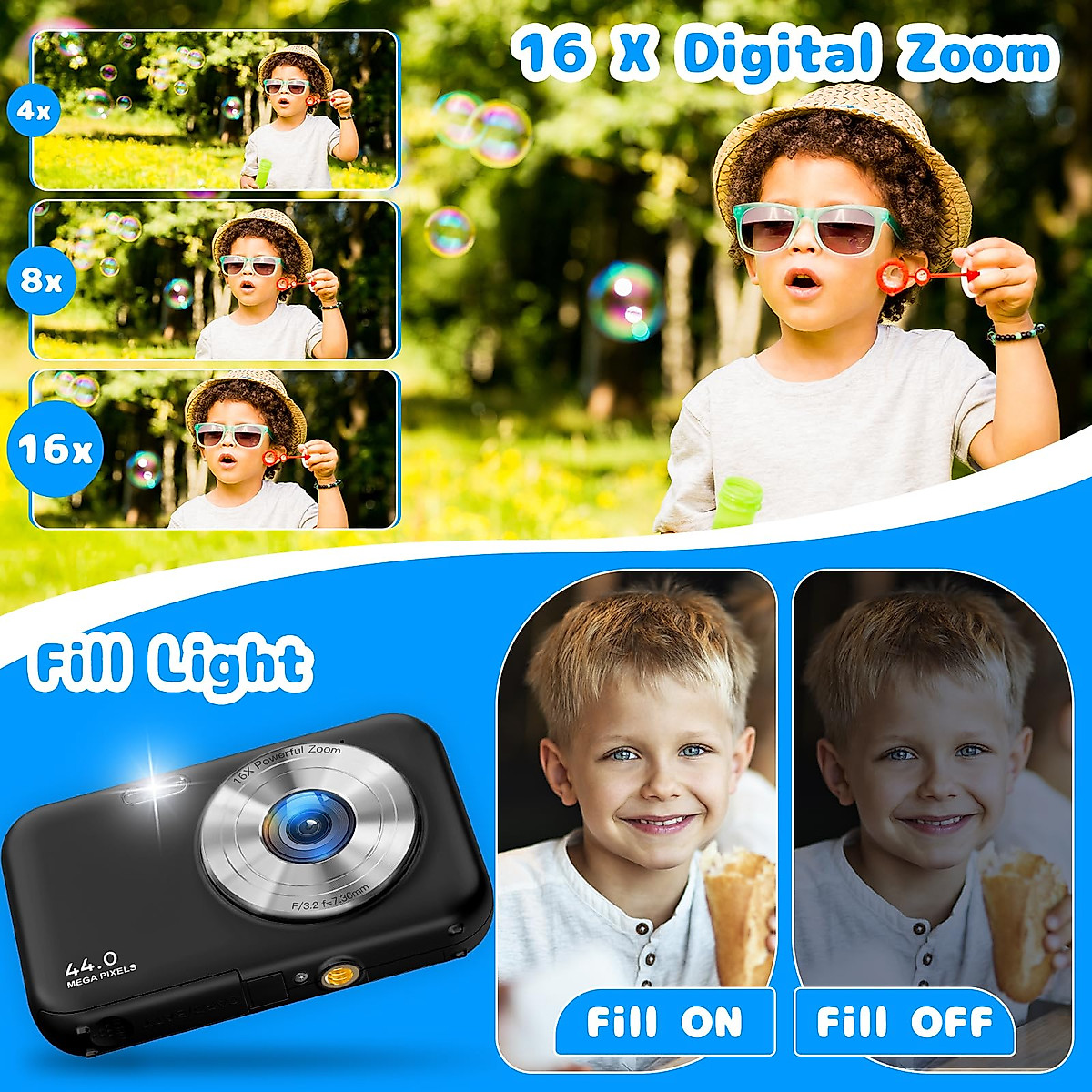 Digital Camera, Kids Camera with 32GB Card, FHD 1080P 44MP Vlogging Camera, 16X Zoom Point and Shoot Digital Camera Compact Portable Rechargeable Cameras for Teens Boys Girls Students Seniors