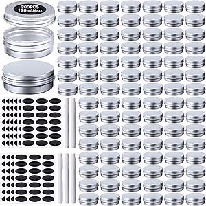 200 Pack Metal Tins Aluminum Containers with Lids Screw Top Round Tin Cans for Cosmetic Lip Balm DIY Salves Candles Wax with 5 Markers 10 Sheets Label Stickers (4 oz, Silver)