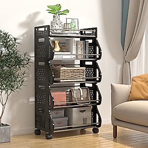 Rolling Storage Cart with Wheels, COORACK Kitchen Storage Carts Utility Cart with Handle, Fruit Vegatable Storage Cart Rack Bin for Kitchen Bathroom (5 Tier)