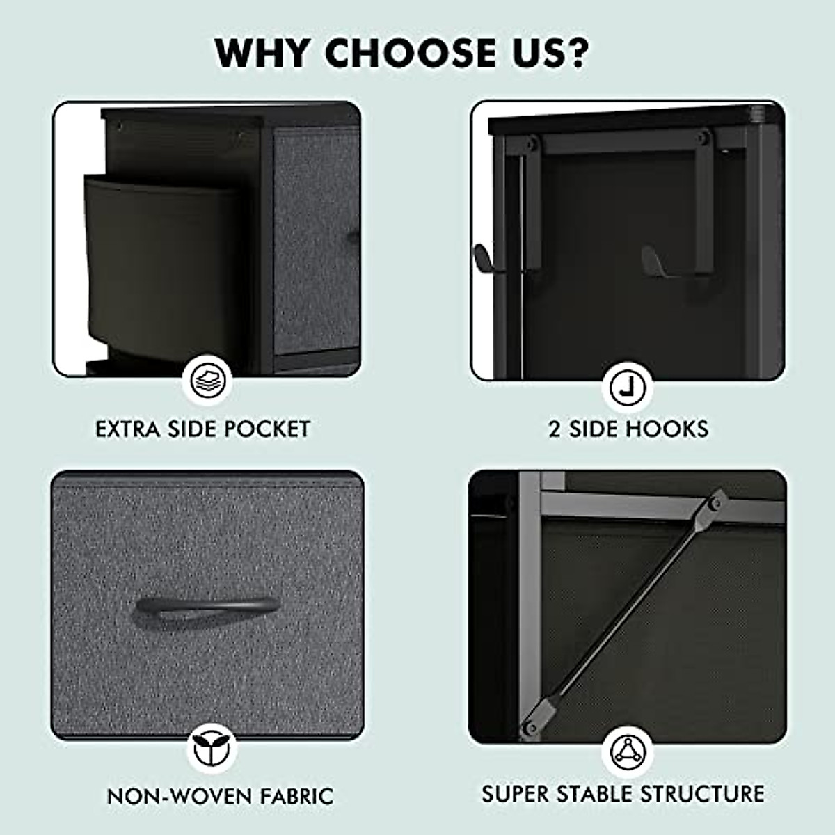 Lulive 10 Drawer Dresser, Chest of Drawers for Bedroom with Side Pockets and Hooks, Fabric Storage Dresser, Sturdy Steel Frame, Wood Top, Organizer Unit for Nursery, Hallway, Closet (Dark Grey)