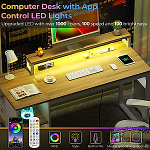 SOROGRA Small Computer Desk with Storage Shelves 39.4 inch Home Office Desk with LED Lights and Power Outlets, Writing Desk with Monitor Stand for Bedroom, Small Space, Oak