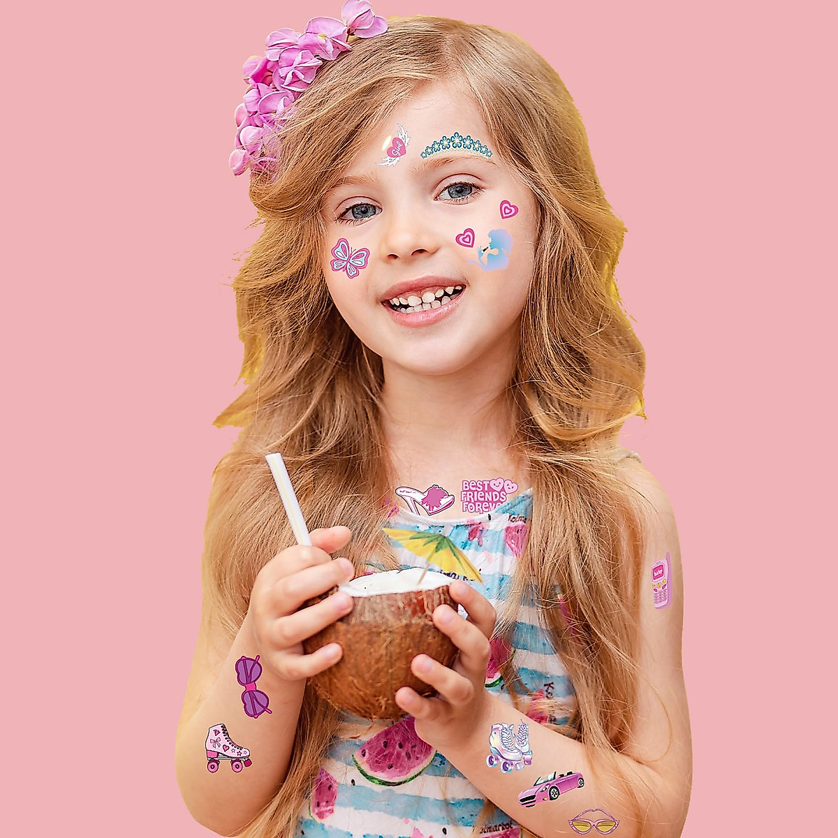 Qpout 154Pcs Pink Temporary Tattoos for Girls Cute Pinkish-purple Princess Themed Face Fake Tattoos Stickers for Pink Birthday Party Supplies Decorations Favors,20 Sheets