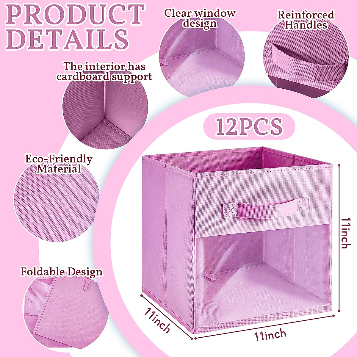 Marsui 12 Pcs Clear Storage Bins Collapsible Cube Storage Bin with Window Daycare Storage Organizer Bins Fabric Storage Bins for Kid Room Nursery Playroom(Blue, Purple, Rose, Pink,Solid)