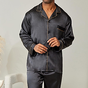 Alexander Del Rossa Mens Satin Pajamas Set, Satin Pajamas for Men, Silk PJs with Matching Sleep Mask Black with Gold Piping Medium (A0752BLKMD)