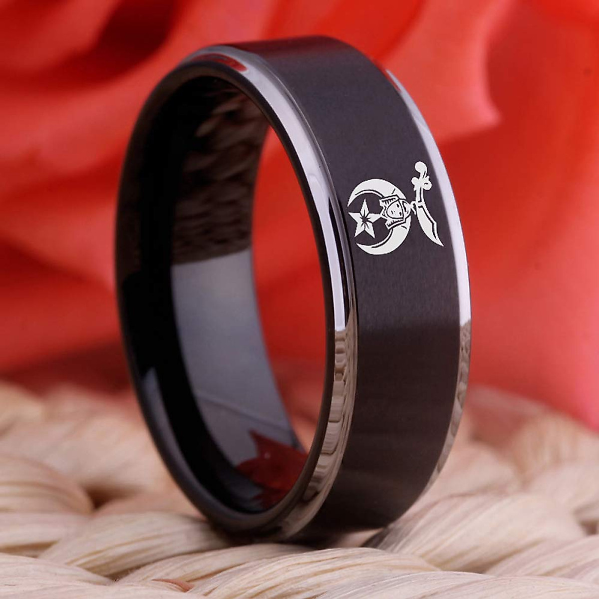CLOUD DANCER Masonic Shrine Shriner Symbol Design Rings 8mm Black Step with Silver Tone Step Tungsten Carbide Wedding Ring -Free Customize Engraving (11.5)
