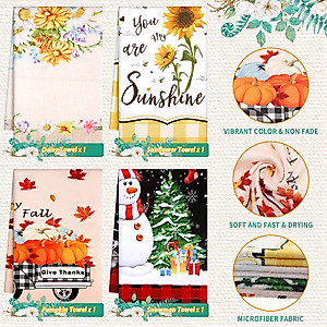 Batiyeer 4 Pcs Seasonal Holiday Kitchen Towels Valentine's Day Gifts for Woman Spring Daisy Sunflower Dish Towels Fall Snowman Towel for Holidays Harvest Thanksgiving Autumn Holiday Gift
