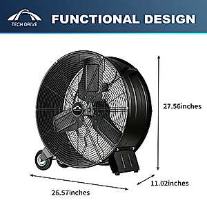 Tech Drive Heavy Duty Metal Industrial Drum Fan, 24 inch High Velocity Shop Fan, 2 Speed Large Floor Fan for Warehouse, Workshop, Factory, Garage, All Metal, Black
