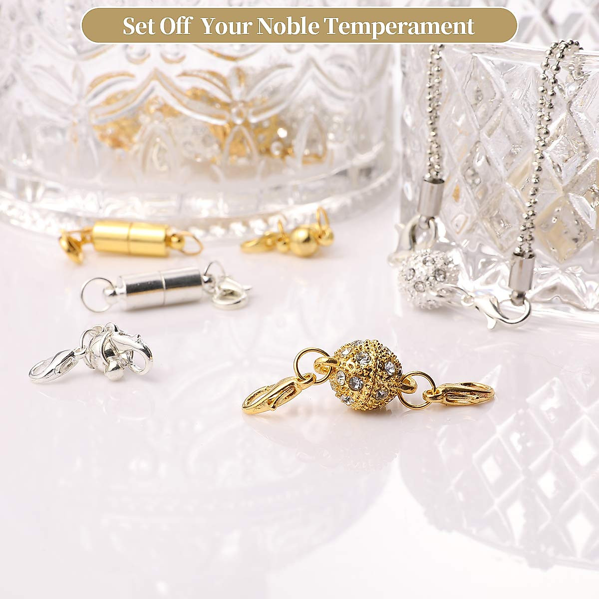 Aiskaer 16 Pcs Magnetic Lobster Clasps for Jewelry Necklace Bracelet Rhinestone Ball Style Cylindrical and Ball Tone Lobster Clasp