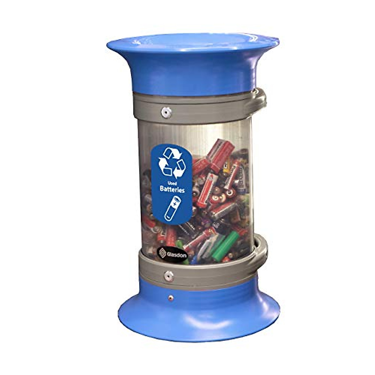 Glasdon C-Thru 5Q Battery Recycling Tube (Blue) – Small Battery Recycling Bin – Compact 5Q Transparent Battery Collection Tube – Standard/Recycle Across America Decals (Standard Battery Decal)