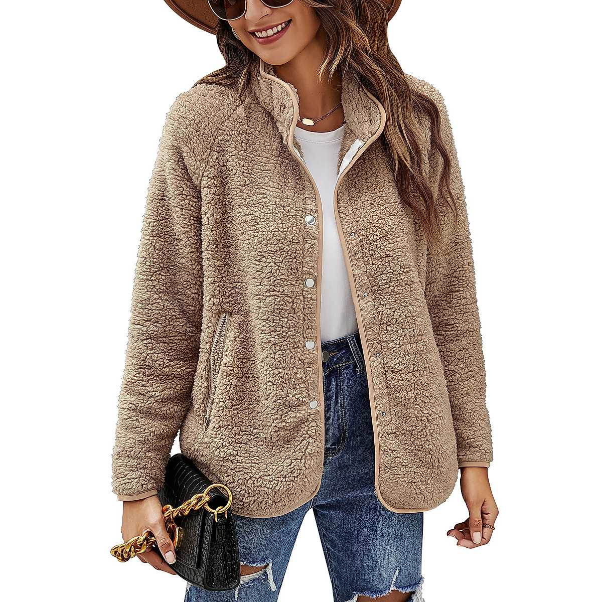 Micoson Cardigan for Women Oversized Fuzzy Fleece Long Sleeve Open Front Hooded Jacket Coat Winter Outwear with Pockets
