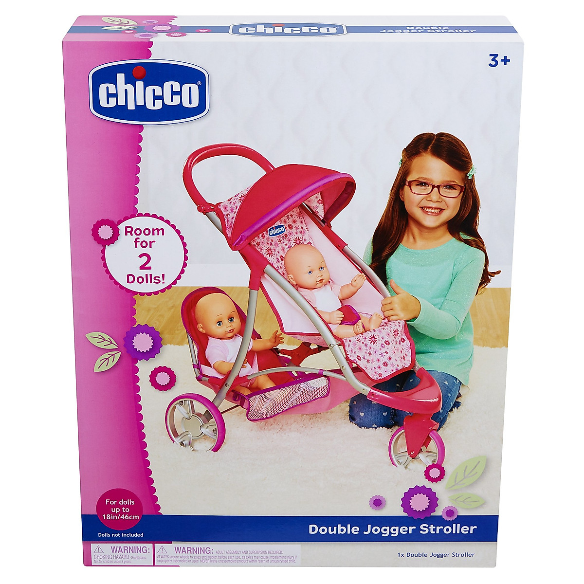 Chicco 63956 Double Jogger Stroller for Baby Dolls, Small, Pink