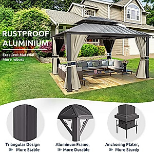 UDPATIO 12' x 14' Hardtop Gazebo, Outdoor Aluminum Gazebo with Galvanized Steel Double Roof, Permanent Metal Canopy with Netting and Curtains for Patio, Garden, Lawn, Backyard, Deck, Beige